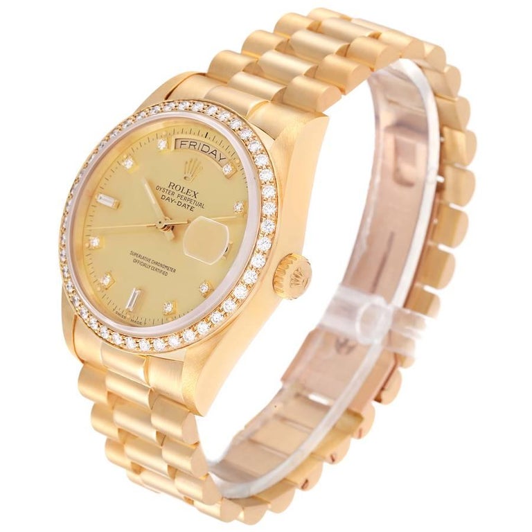 Rolex President Day-Date Yellow Gold Diamond Bezel Watch 18048 at 1stDibs