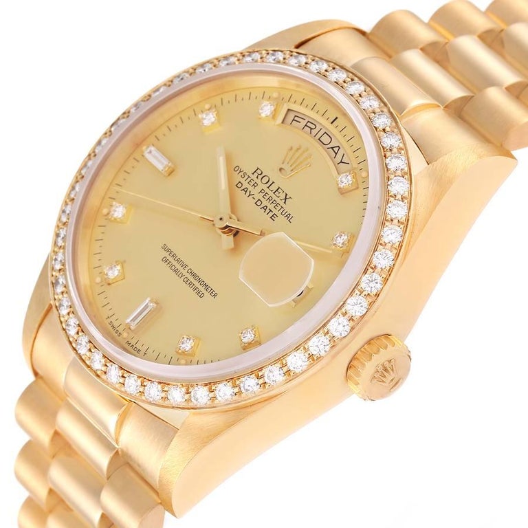 Rolex President Day-Date Yellow Gold Diamond Bezel Watch 18048 at 1stDibs