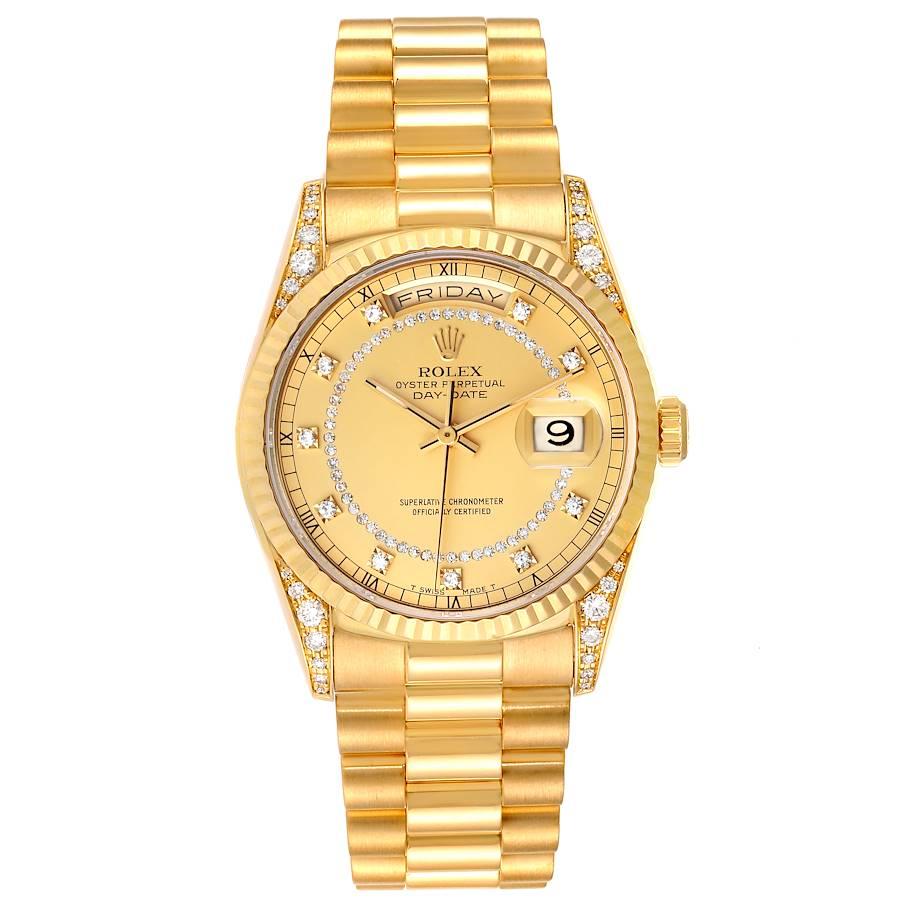 Rolex President Day Date Yellow Gold Diamond Lugs Mens Watch 18338 at ...