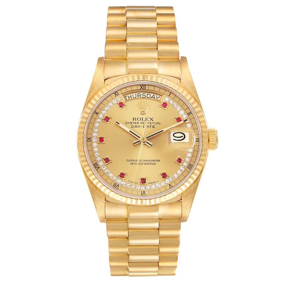 Rolex President Day-Date Yellow Gold Diamond Ruby Dial Watch 18038 Box ...
