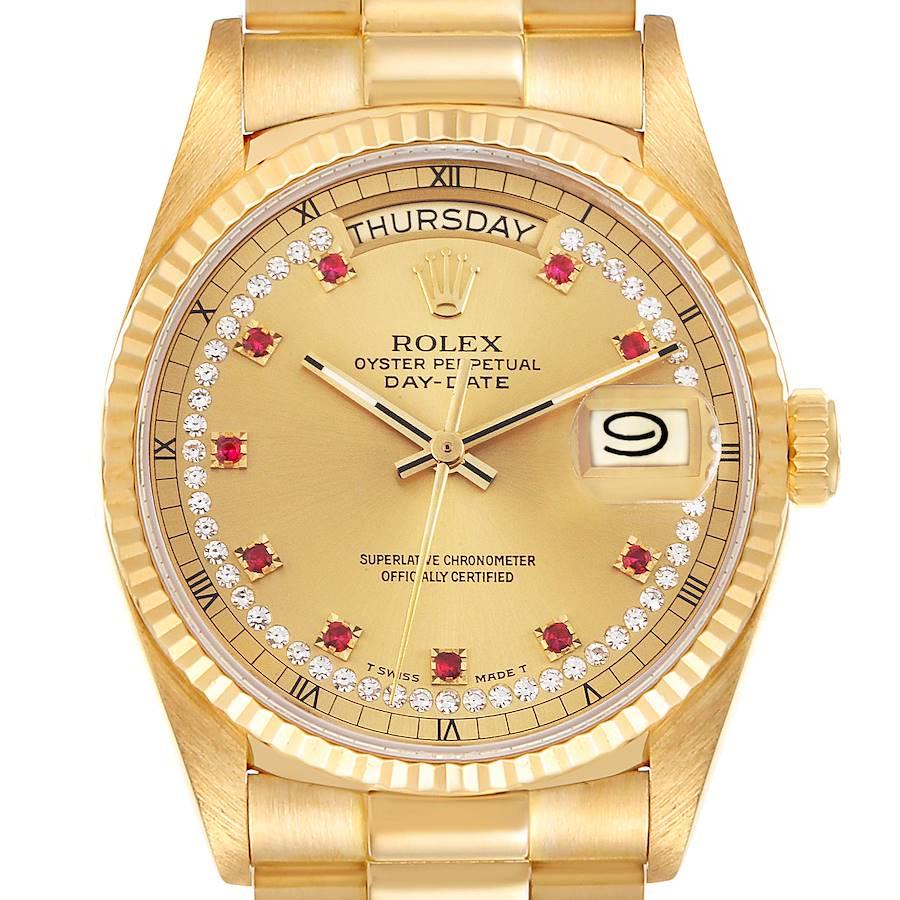 Rolex President Day-Date Yellow Gold String Diamond Ruby Dial Watch ...