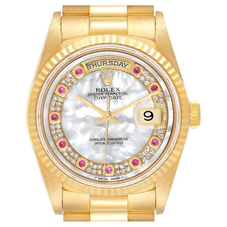 Rolex President Day-Date Yellow Gold MOP Diamond Ruby Myriad Dial Watch ...