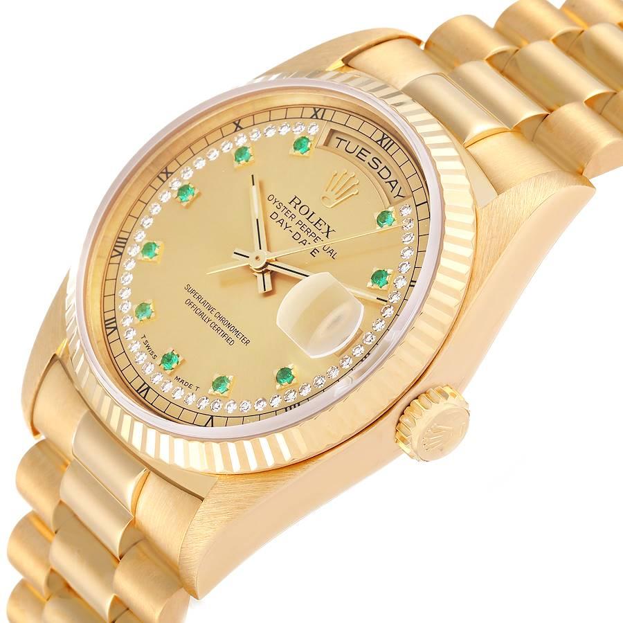 Rolex President Day-Date Yellow Gold String Diamond Emerald Dial Watch ...
