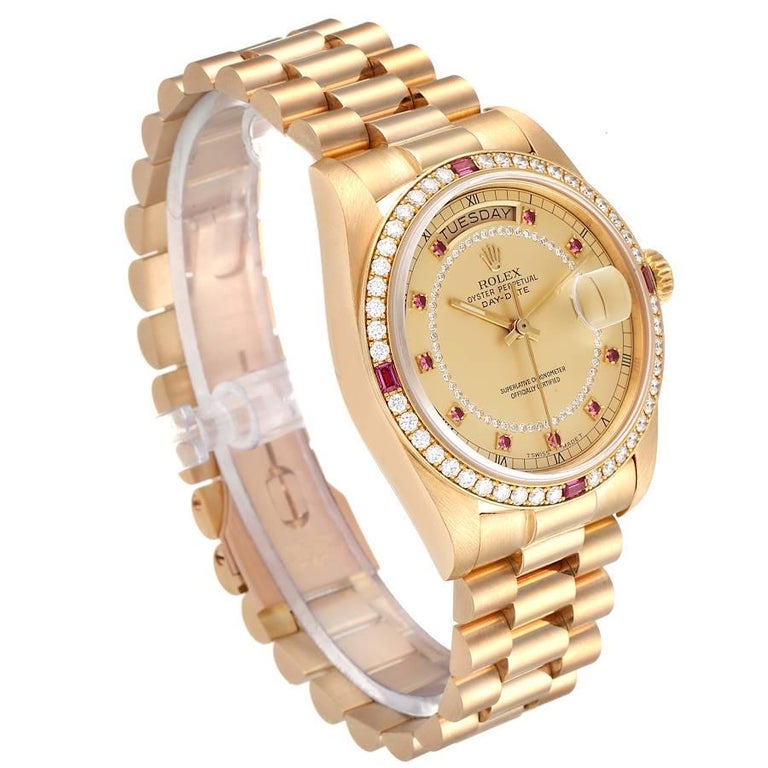 Rolex President Day-Date Yellow Gold String Diamond Ruby Dial Watch ...