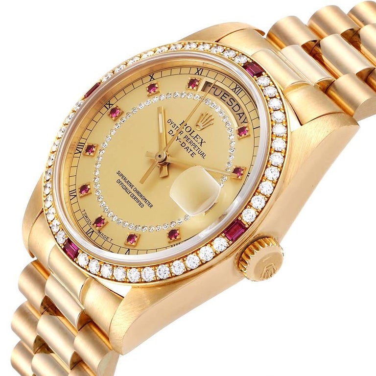 Rolex President Day-Date Yellow Gold String Diamond Ruby Dial Watch ...