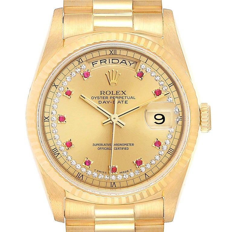 Rolex President Day-Date Yellow Gold String Diamond Ruby Dial Watch ...