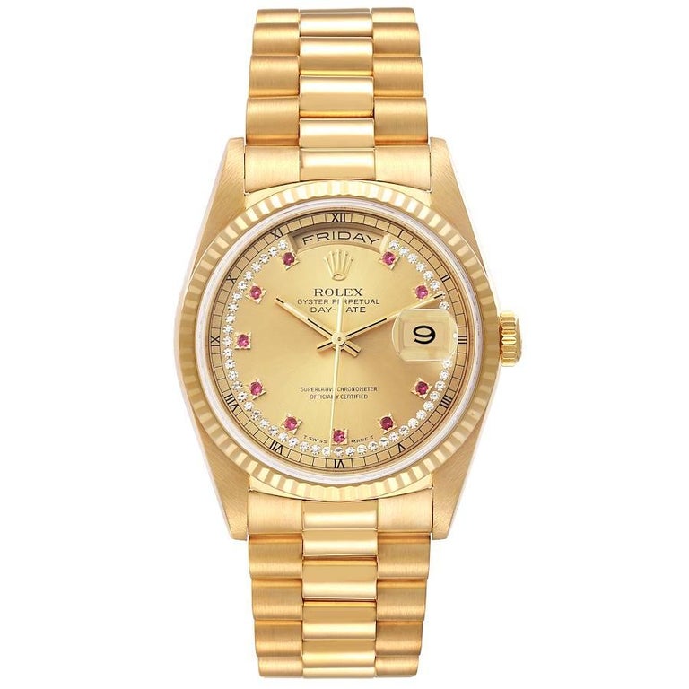 Rolex President Day-Date Yellow Gold String Diamond Ruby Dial Watch ...