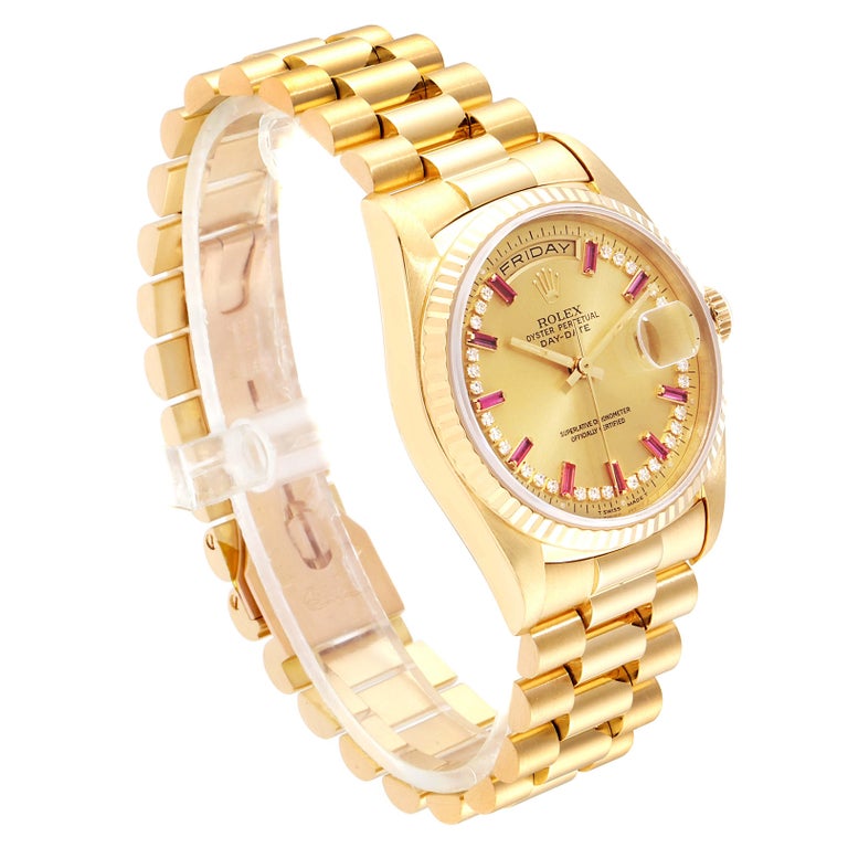 Rolex President Day-Date Yellow Gold String Diamond Ruby Dial Watch ...