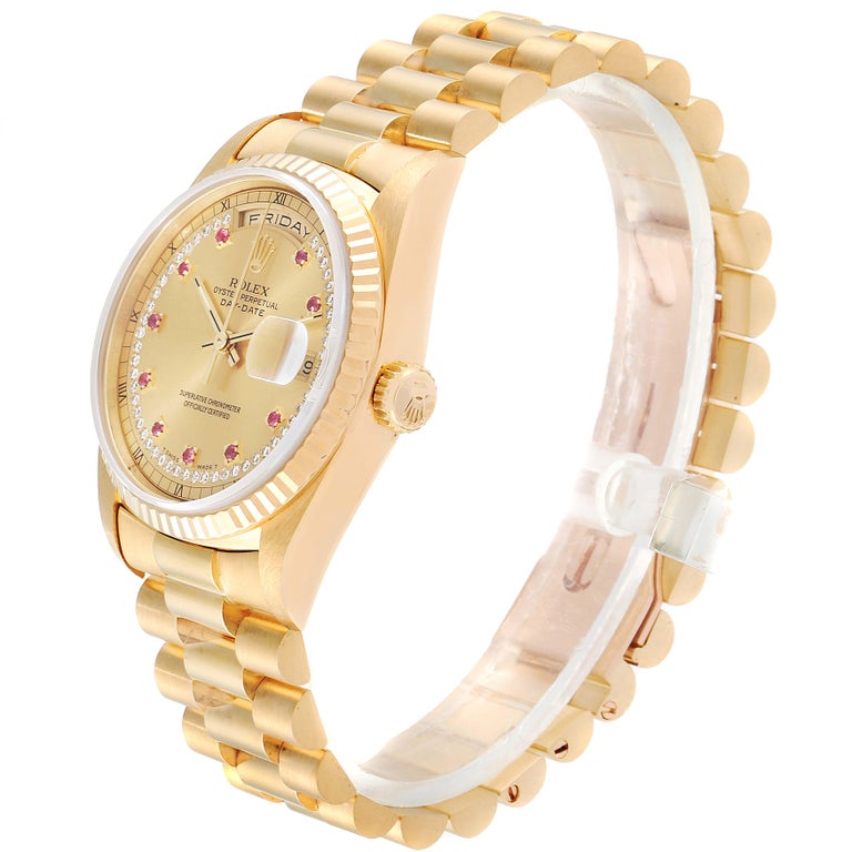 Rolex President Day-Date Yellow Gold String Diamond Ruby Dial Watch ...