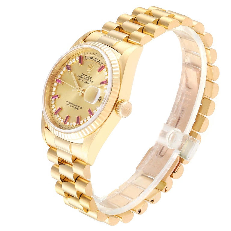 Rolex President Day-Date Yellow Gold String Diamond Ruby Dial Watch ...