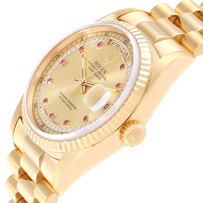 Rolex President Day-Date Yellow Gold String Diamond Ruby Dial Watch ...