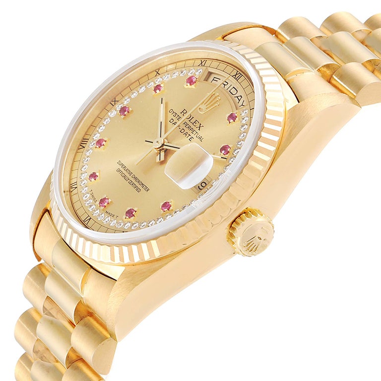 Rolex President Day-Date Yellow Gold String Diamond Ruby Dial Watch ...