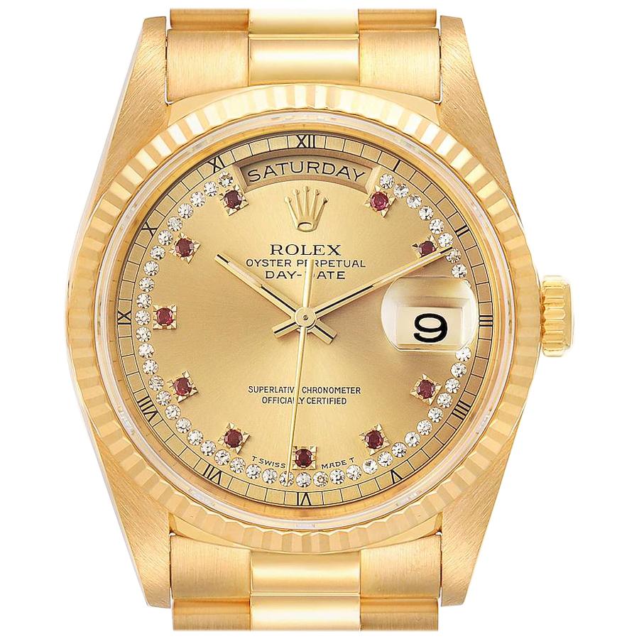 Rolex President Day-Date Yellow Gold String Diamond Ruby Dial Watch ...