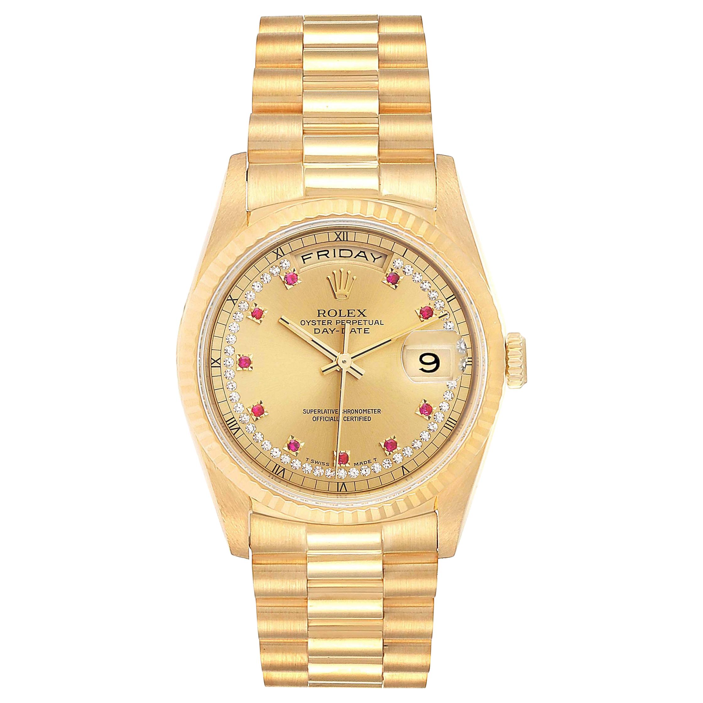 Rolex President Day-Date Yellow Gold String Diamond Ruby Dial Watch ...