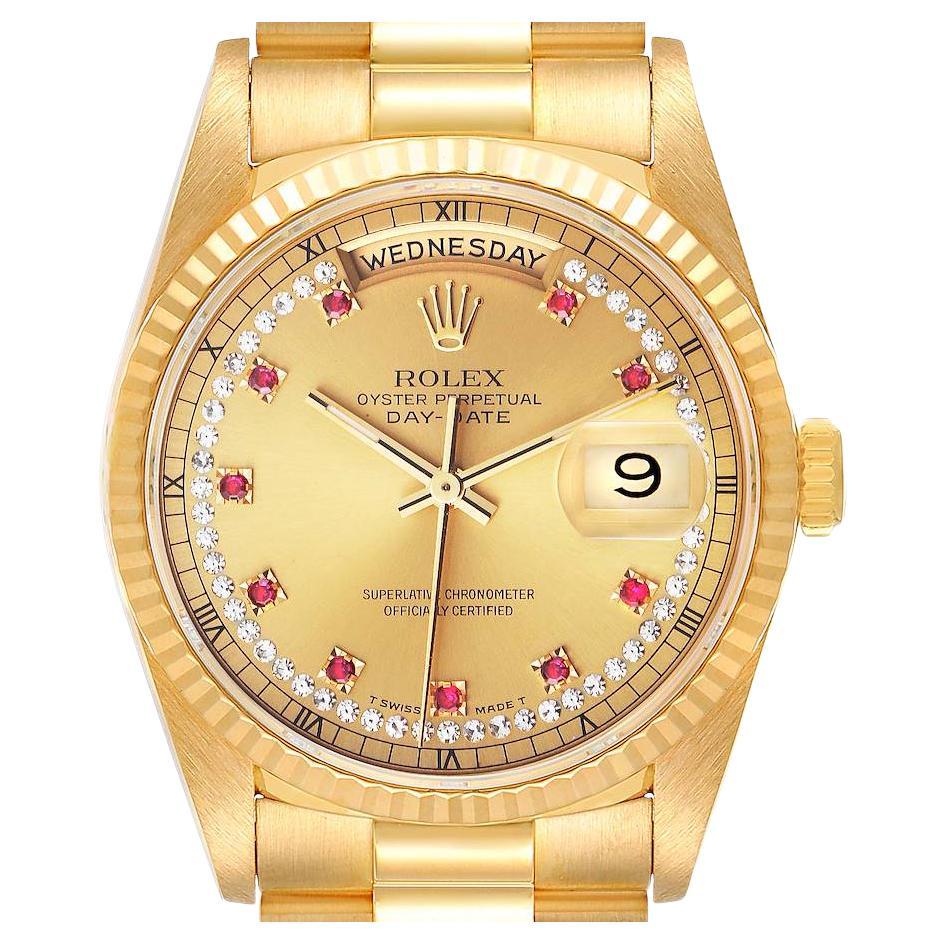 Rolex President Day-Date Yellow Gold String Diamond Ruby Dial Watch ...