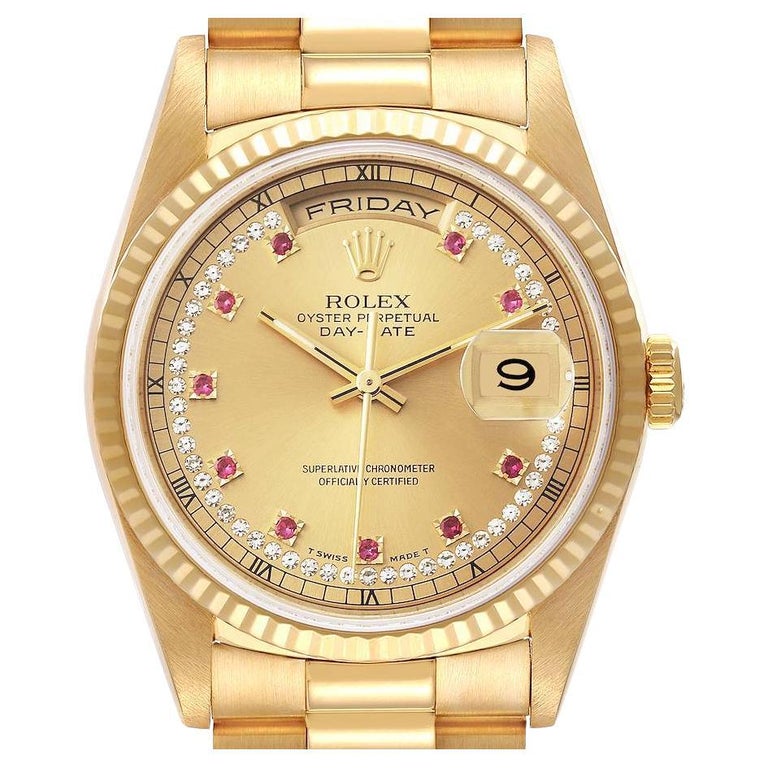Rolex President Day-Date Yellow Gold String Diamond Ruby Dial Watch ...
