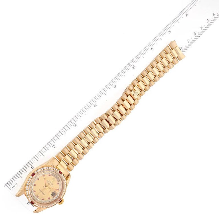 Rolex President Day-Date Yellow Gold String Diamond Ruby Dial Watch ...