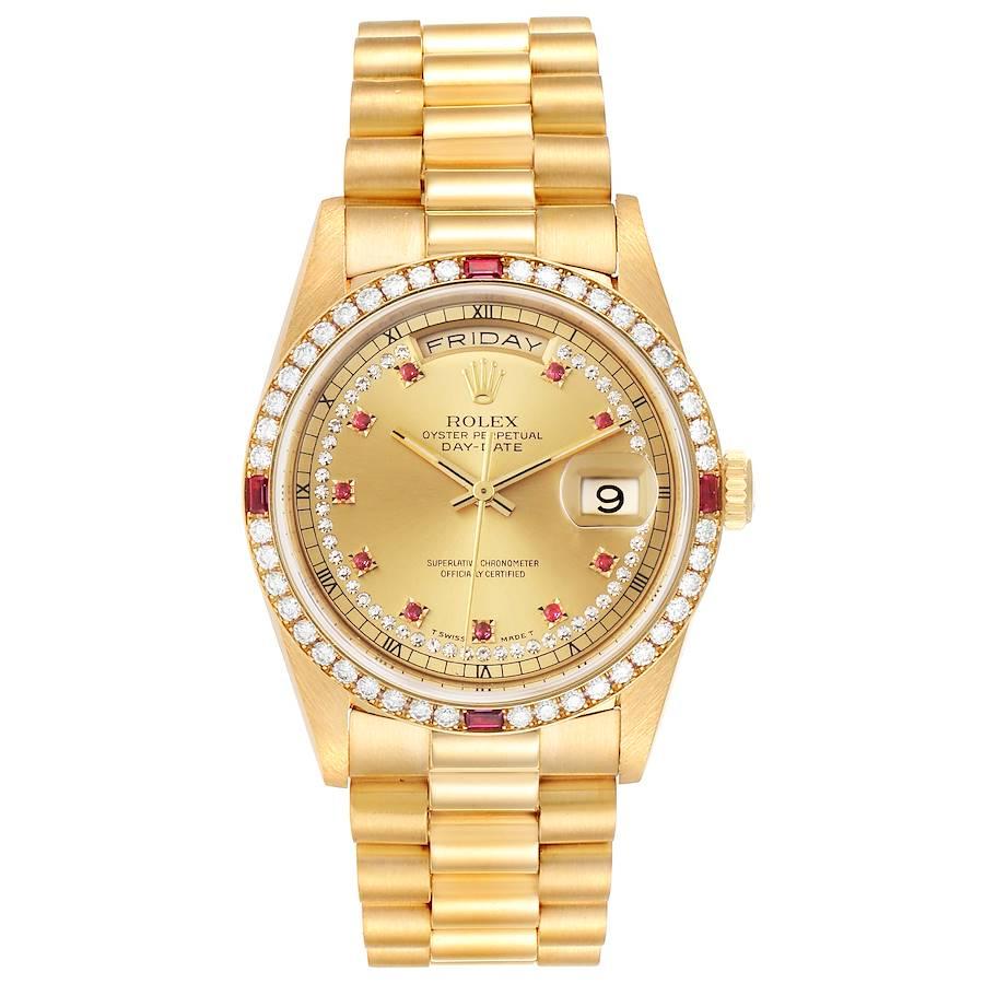 Rolex President Day-Date Yellow Gold String Diamond Ruby Dial Watch ...
