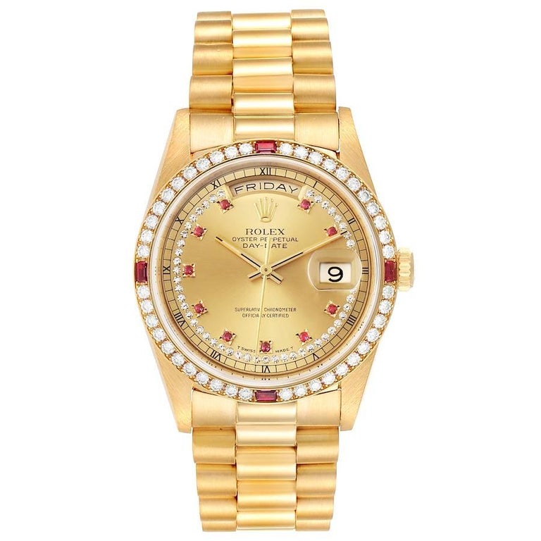 Rolex President Day-Date Yellow Gold String Diamond Ruby Dial Watch ...