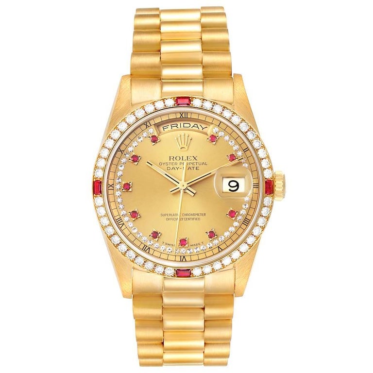 Rolex President Day-Date Yellow Gold String Diamond Ruby Dial Watch ...