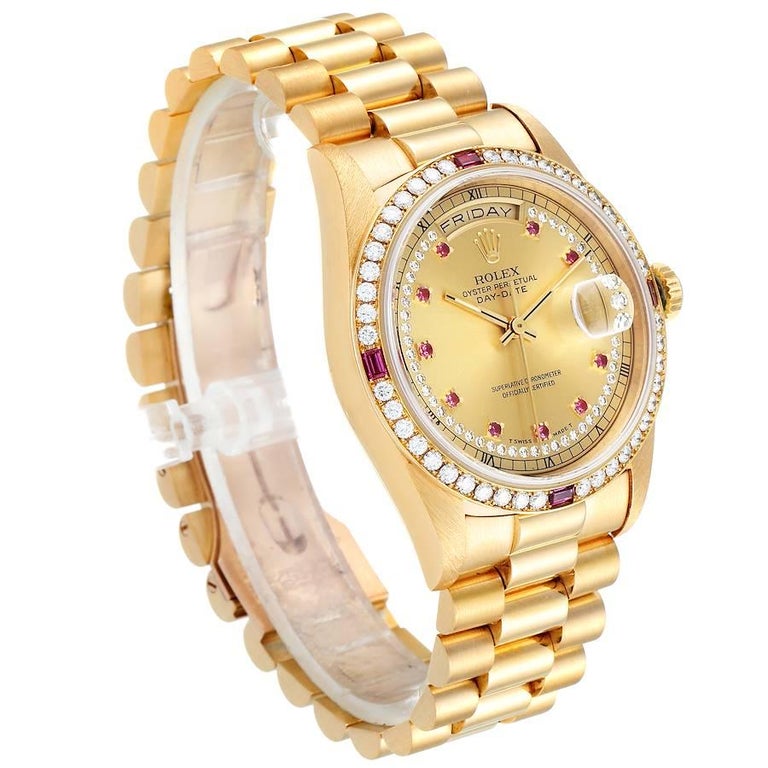 Rolex President Day-Date Yellow Gold String Diamond Ruby Dial Watch ...