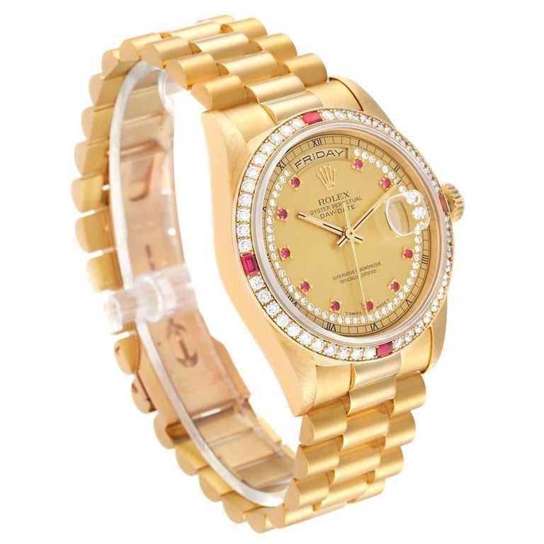 Rolex President Day-Date Yellow Gold String Diamond Ruby Dial Watch ...