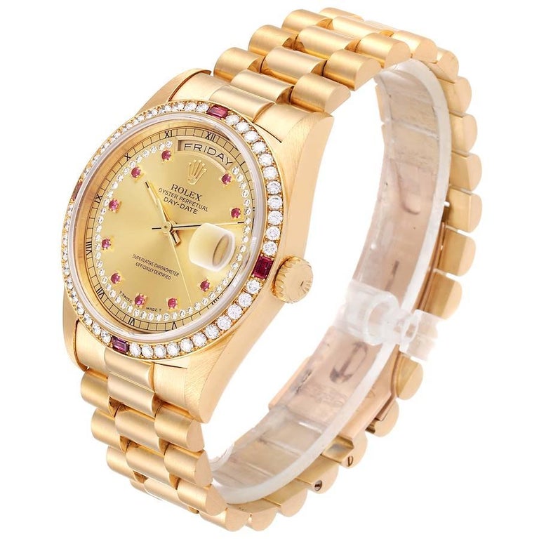 Rolex President Day-Date Yellow Gold String Diamond Ruby Dial Watch ...