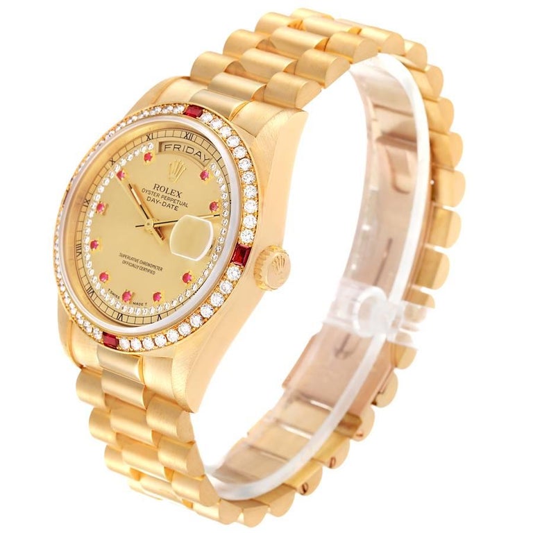Rolex President Day-Date Yellow Gold String Diamond Ruby Dial Watch ...