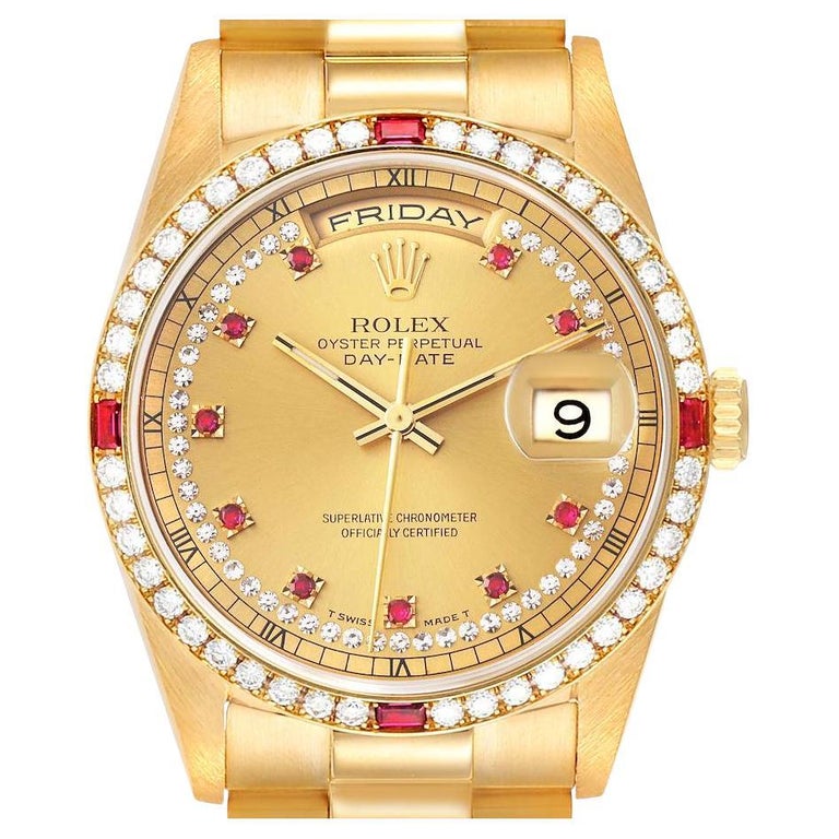 Rolex President Day-Date Yellow Gold String Diamond Ruby Dial Watch ...