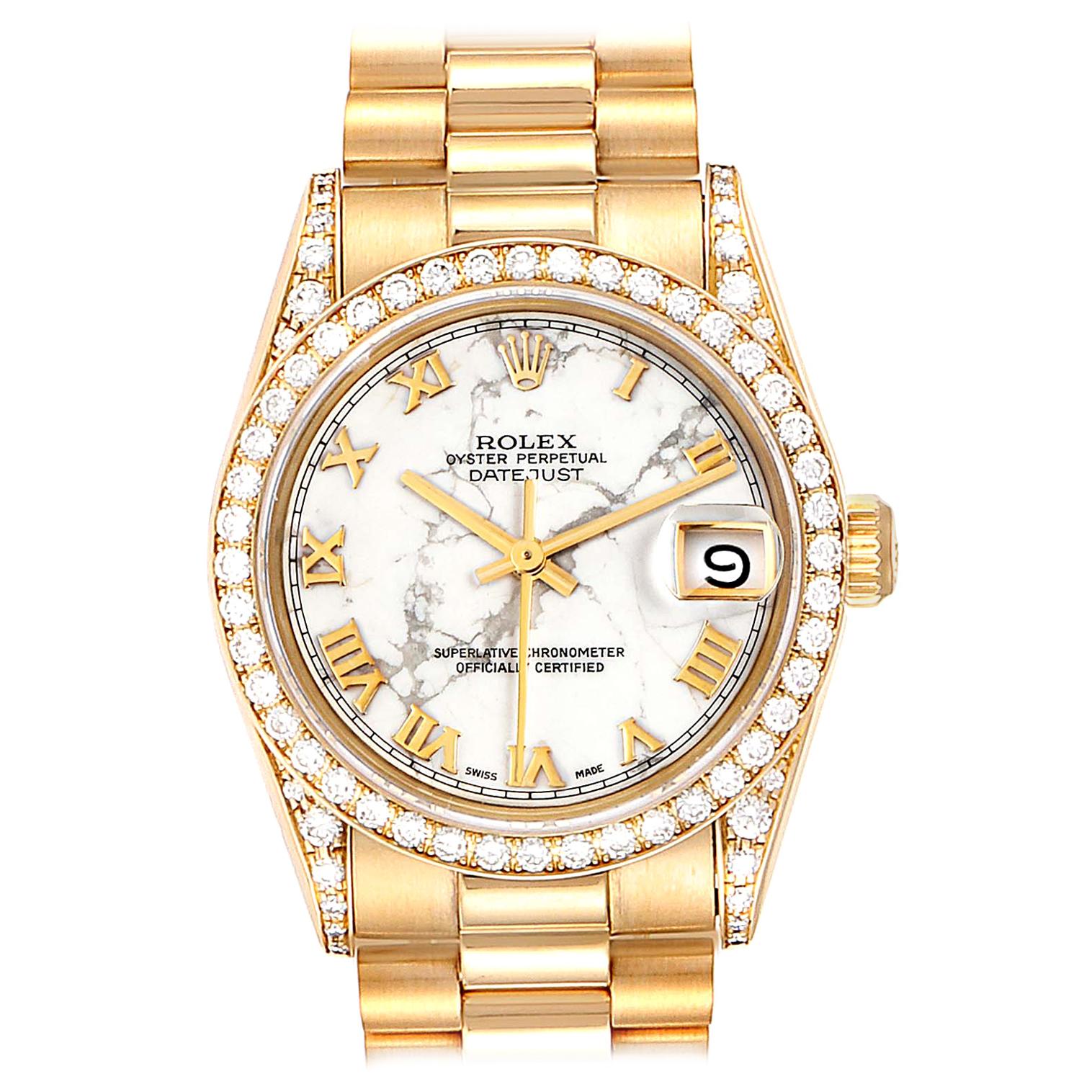 Rolex President Midsize Marble Dial Yellow Gold Diamond Ladies Watch ...