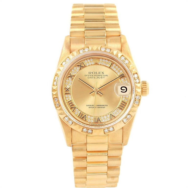 Rolex President Midsize Yellow Gold Mirriad Diamond Ladies Watch 68258 ...