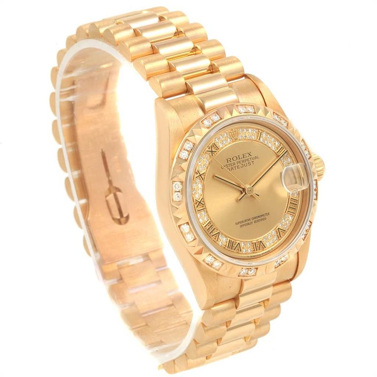 Rolex President Midsize Yellow Gold Mirriad Diamond Ladies Watch 68258 ...