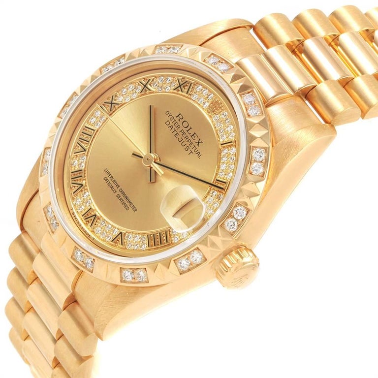 Rolex President Midsize Yellow Gold Mirriad Diamond Ladies Watch 68258 ...