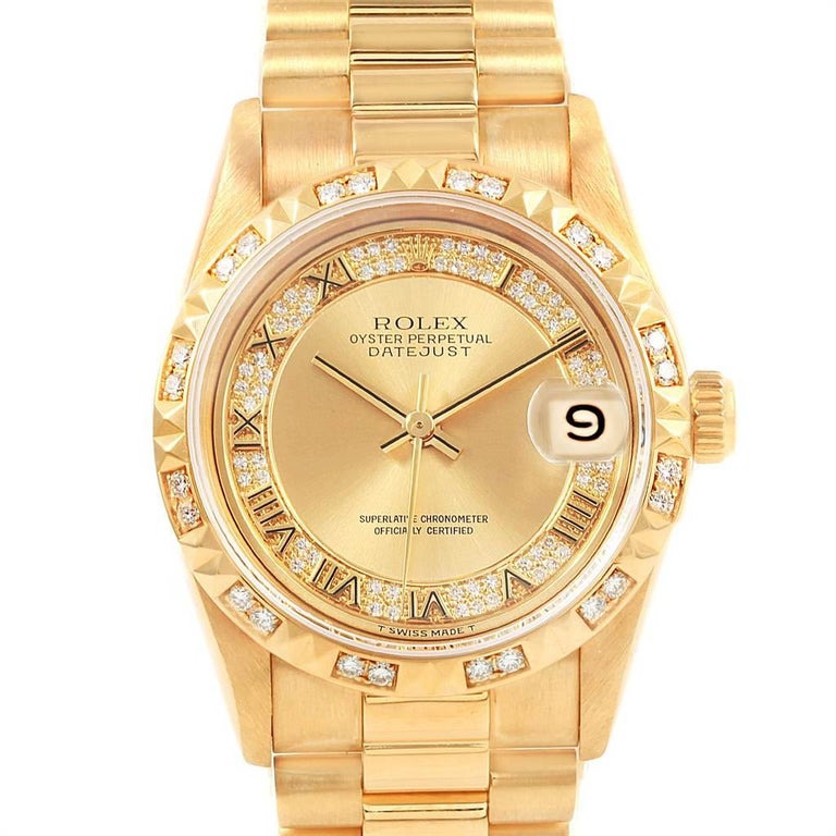 Rolex President Midsize Yellow Gold Mirriad Diamond Ladies Watch 68258 ...