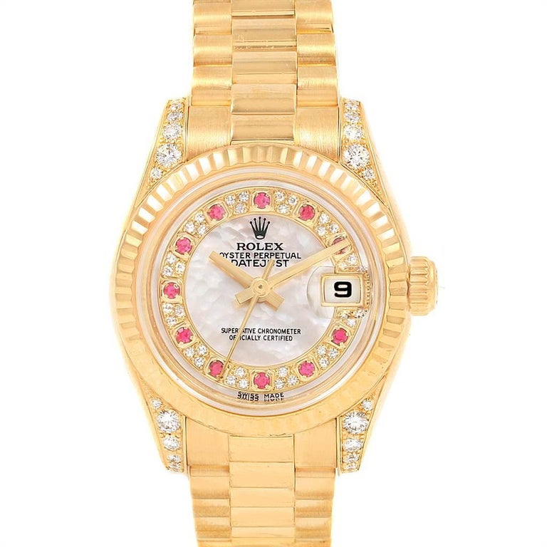Rolex President Yellow Gold Myriad Diamond Ruby Dial Ladies Watch ...