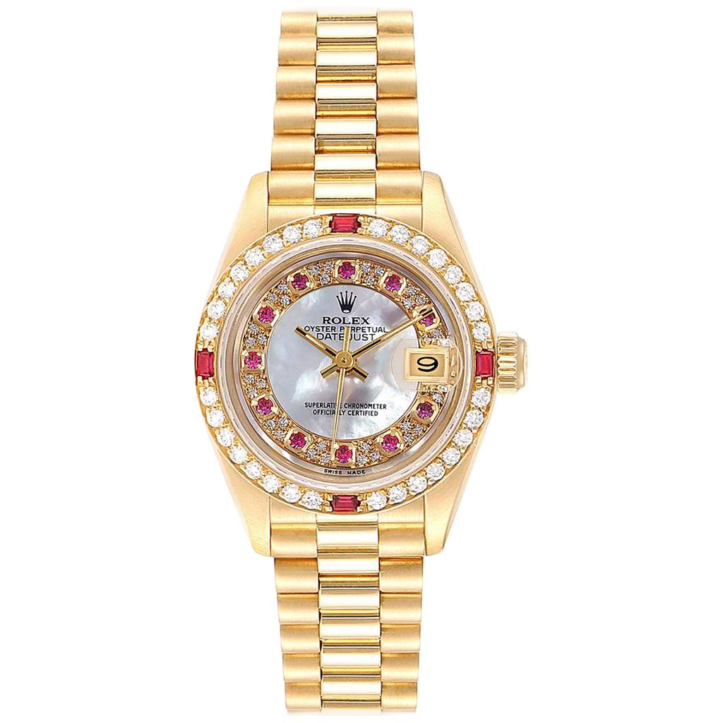 Rolex President Yellow Gold Myriad Diamonds Rubies Ladies Watch 69068 ...