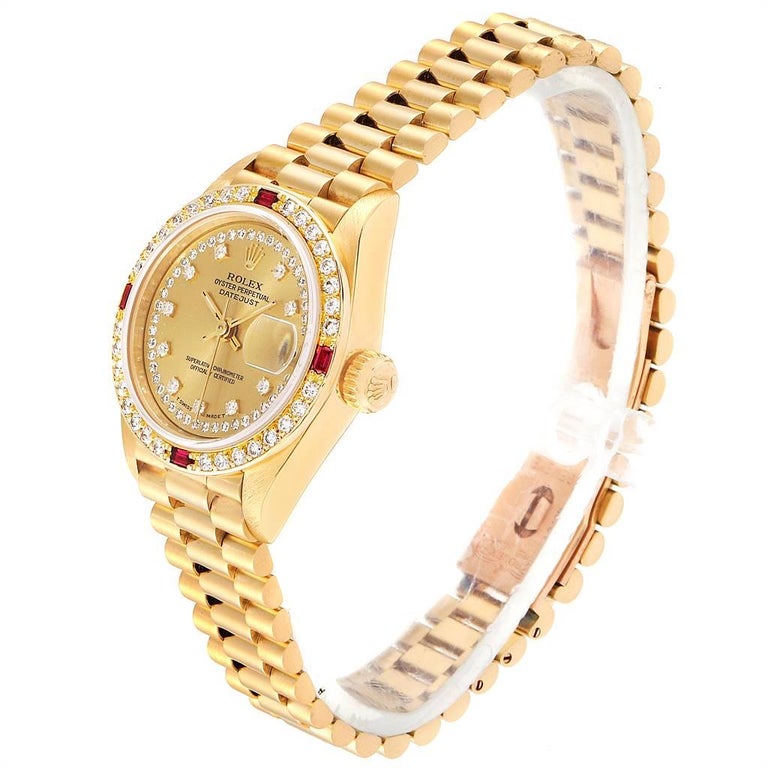 Rolex President Yellow Gold String Dial Diamond Ruby Ladies Watch 69068 ...