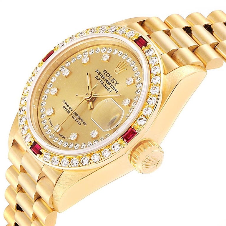 Rolex President Yellow Gold String Dial Diamond Ruby Ladies Watch 69068 ...