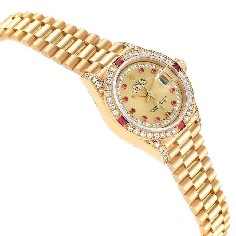 Rolex President Yellow Gold String Diamond Ruby Ladies Watch 69238 For ...