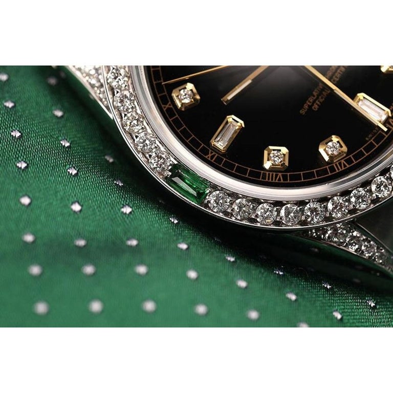 Rolex Quick-Set Datejust Black Dial Round and Baguette Numbers Emerald ...