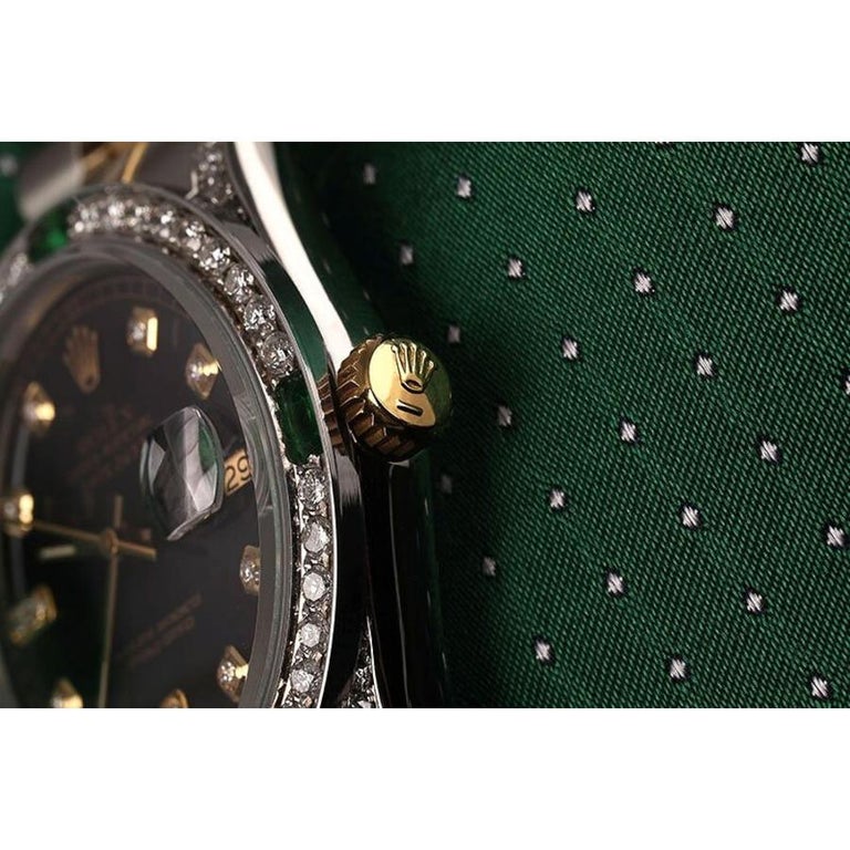 Rolex Quick-Set Datejust Black Dial Round and Baguette Numbers Emerald ...