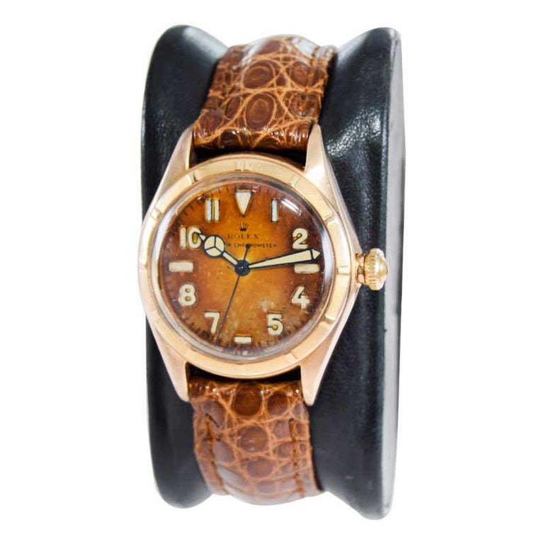 Rolex Rose Gold Bubble Back Watch with Factory Original Patinated Dial ...