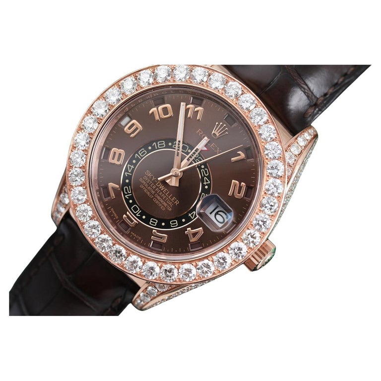 Rolex Sky Dweller 18Kt RG Iced Out Natural Diamonds Chocolate Arabic ...