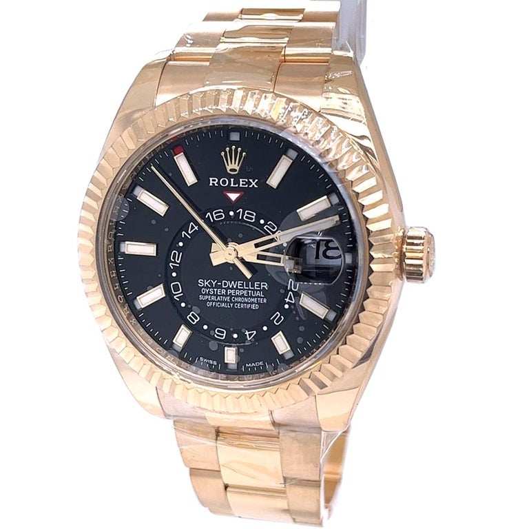 Rolex Sky-Dweller 42mm Automatic Yellow Gold Black Dial Oyster Watch 326938 For Sale at 1stDibs