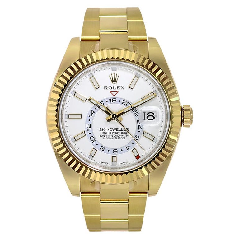 Rolex Sky-Dweller Yellow Gold White Index Dial Dual Time Zone Watch ...
