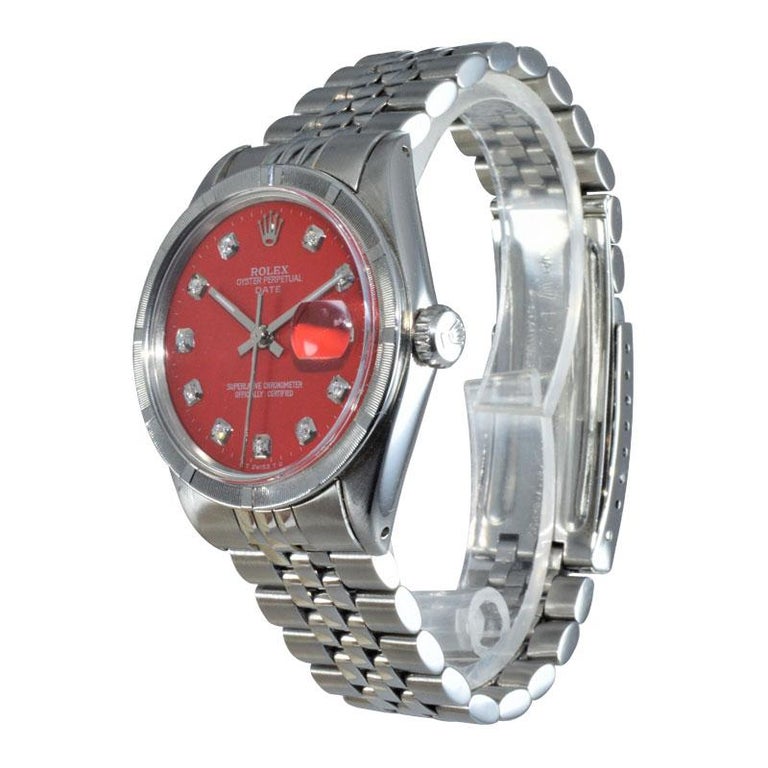 Rolex Stainless Steel Oyster Perpetual Date Red Diamond Dial Watch For ...