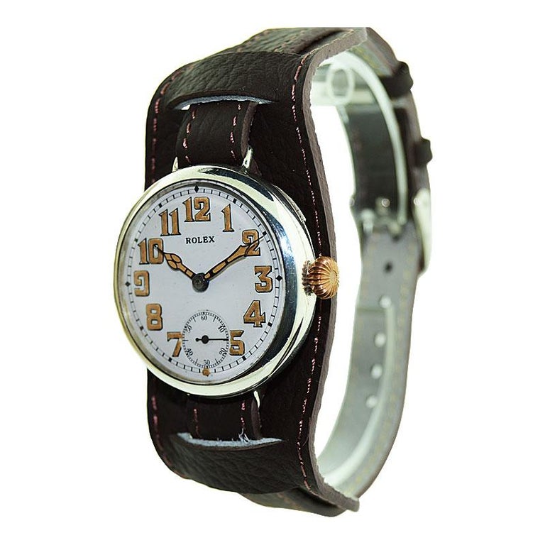 Rolex Sterling Silver Military Campaign Style Watch with Enamel Dial ...