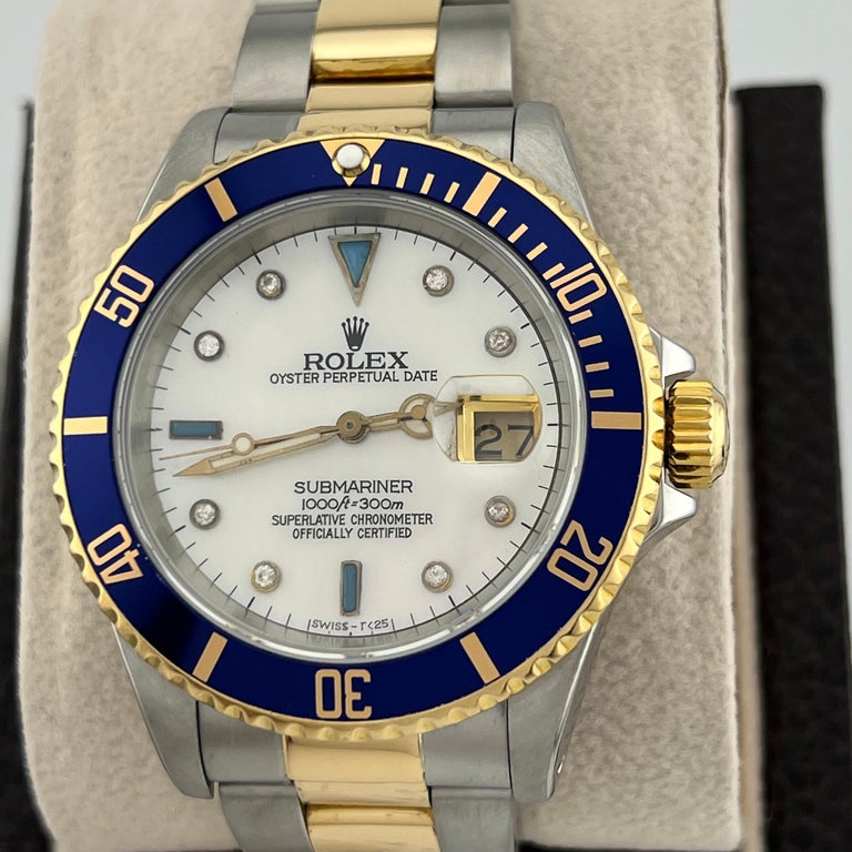 Rolex Submariner 16613 Mother of Pearl Serti Dial 18K Gold Stainless ...