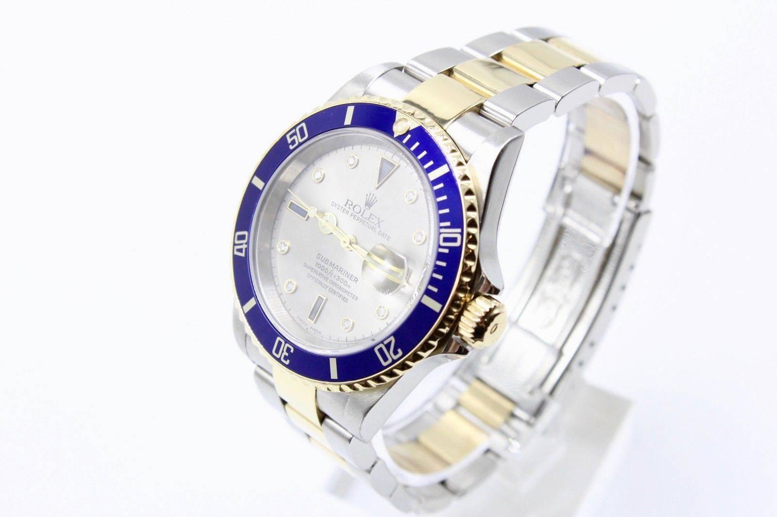 Rolex Submariner 16613 Silver Serti Diamond Dial 18 Karat Gold ...