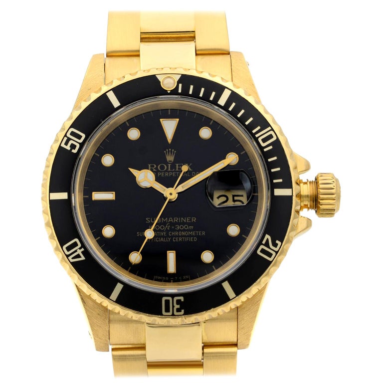 Rolex Submariner 18 Karat Yellow Gold Black Dial Automatic Men's Watch ...